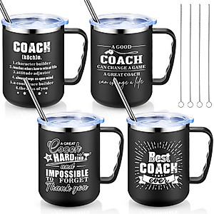 Sumind 4 Pcs Coach Gifts Coffee Mug with Lid and Handle 17 oz Stainless Steel Mug Double Wall Vacuum Travel Mug Coaches Appreciation Gift for Soccer Volleyball Basketball Football (Classic Style)