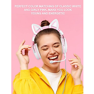 PHNIXGAM Cat Ear Gaming Cute Headset, Wired Over-Ear Headphones with Noise Cancelling Microphone, Surround Sound, LED Backlight for PS4, PS5, Xbox One(No Adapter), PC, Mobile Phone, White & Pink