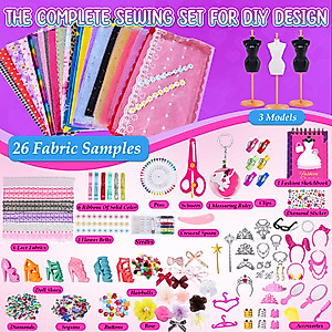 B Bascolor Girls Fashion Design Kids Sewing Craft Kit for Making 60 Pack Doll Cloth Accessories Dress Up, Art Crafts for Girl Ages 8-12+ Preteen Designer Creativity DIY Toy Christmas Birthday Gift