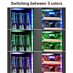 Plotanis 24 Inch Wine Fridge Dual Zone 20 Bottles 60 Cans Wine Refrigerator Built-in or Freestanding Wine Beverage Cooler with Glass Door, 3-Color Light, Safety Lock