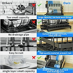 FOXMIND Dish Drying Rack,Space-Saving 2-Tier Dish Drying Rack Kitchen with Drainboard,Rustproof Kitchen Desktop Organizer with Utensil Holder & Cup Holder for Kitchen Counter,11.4''W x 16.5''L,Black