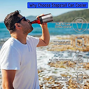 Stepstall Beer Bottle and Can Cooler with Beer Opener, 12 oz. Slim Can Beer Bottle Insulators Holder, Vacuum Insulated Double Walled Stainless Steel, Silver