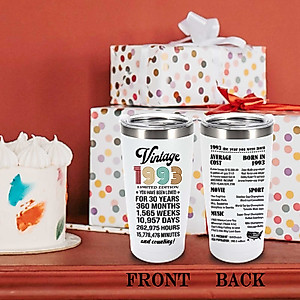 Jettryran 30th Birthday Gifts for Women Men 30 Years Old Gifts- 20 oz Double-sided Vintage 1993 Time with Information Tumbler Cup（white） Turning 30- TW001