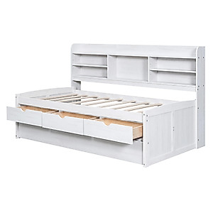MiHunnor Twin Size Captain Bed with Built-in Bookshelves, Wooden Daybed with 3 Storage Drawers and Trundle, Sofa Bed Frame for Bedroom Living Room