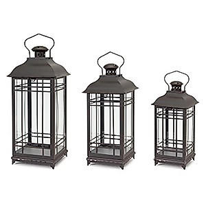 Melrose Rustic Decorative Hanging Metal and Glass Outdoor Porch Deck Patio Home Room Décor Lantern Candle Holder Lights, Bronze (Set of 3)