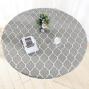Zhuqing Heavy Duty Vinyl Round Fitted Tablecloth, Gray Moroccan Design, Spillproof Waterproof Elastic Table Cover with Flannel Backed Lining, Fits 40" to 44" Round Table，for Indoor/Outdoor Use