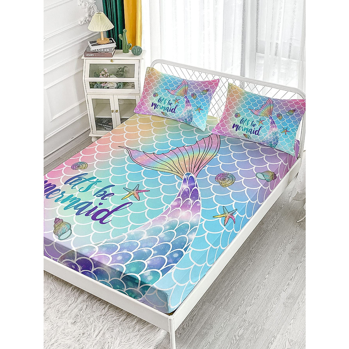 Datura home 4Pcs Kids Fitted Sheet and Flat Set Rainbow Scales Mermaid Printed Pattern Bedding with 1 + 2 Pillowcases for Boys Girls (Rainbow Twin), 67x97 Inches