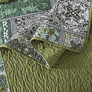 NEWLAKE Cotton Bedspread Quilt Sets-Reversible Patchwork Coverlet Set, Green Classic Bohemian Pattern,Queen Size