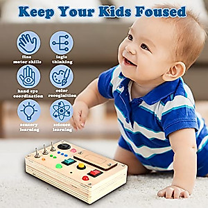 LED Light Switch Busy Board Montessori Toy Button Busy Board Kids Wooden Control Panel Kids Toy Activity Sensory Board Fidget Toy for Toddlers 1 2 3 Year Old