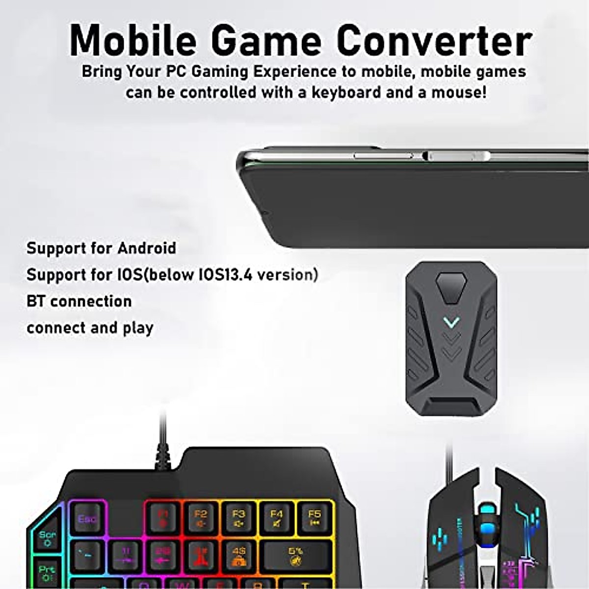 One Handed Gaming Keyboard Mouse, Wired Gaming Keyboard Mouse with Converter Adapter for Android, iOS - BT 4.0 Connection - Play PC Games on Mobile - Adjustable Stand (Mix Pro+F6