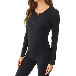 Pure Look Women's Long Sleeve Waffle Knit Stretch Cotton Thermal Underwear Shirt, Large, Henley Black