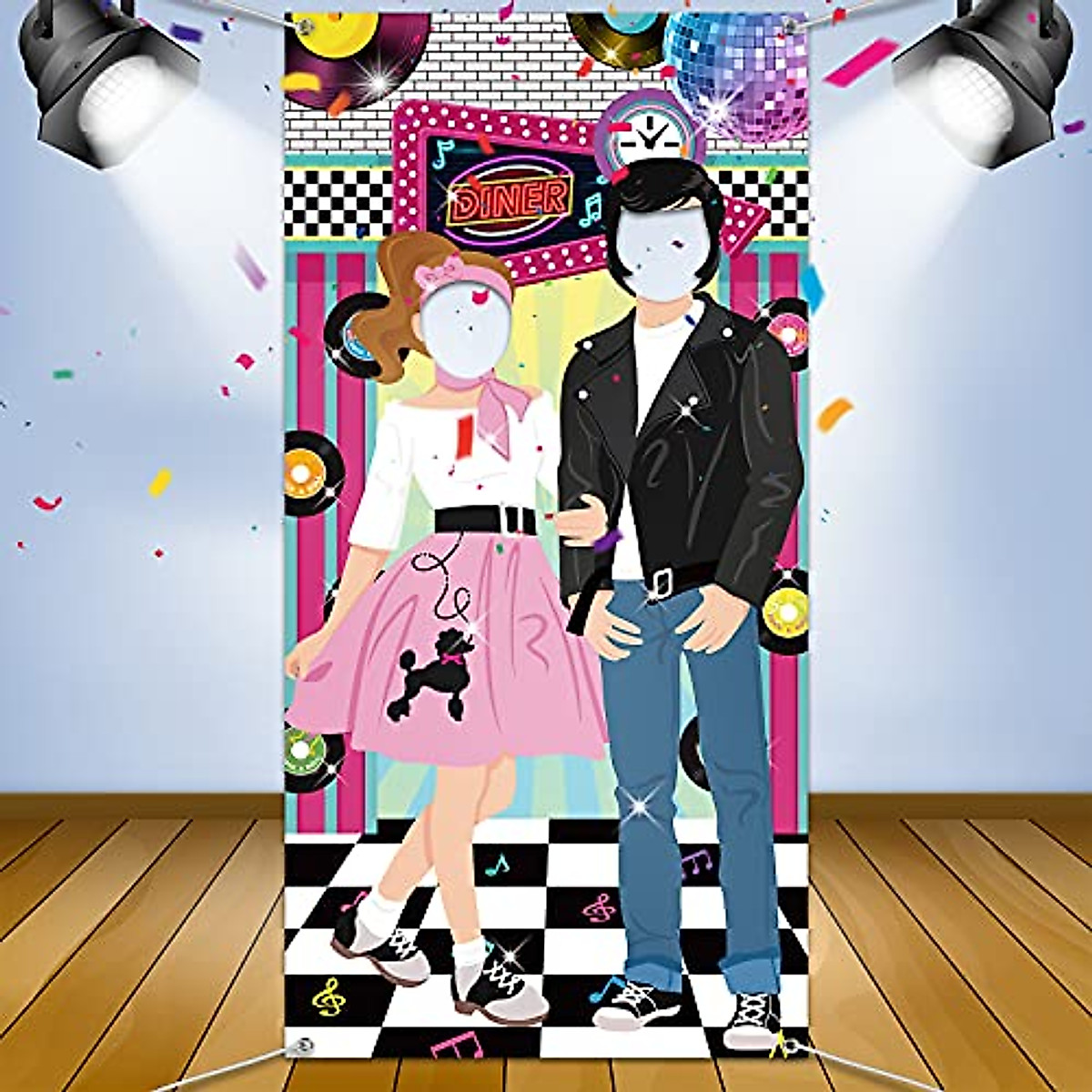 50s Party Decorations, 50's Photo Diner Backdrop, 50's Rock and Roll Banner Backdrop, Large 1950's Background Photobooth Prop, Back to 50's Rocking Party Backdrop for Baby Shower Birthday Party Supply