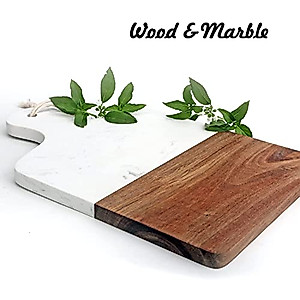 SINT Kitchen Cutting and Chopping board Marble and Natural Wood with Handle (Rectangular - White)
