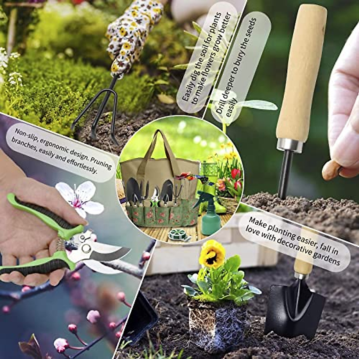 17 Pieces Garden Tools Set, Heavy Duty Gardening Hand Tool Kits with Sturdy Fabric Storage Bag, Gardening Set Planting Weeding Trimming Loosening Transplanting, Gardening Gifts for Women