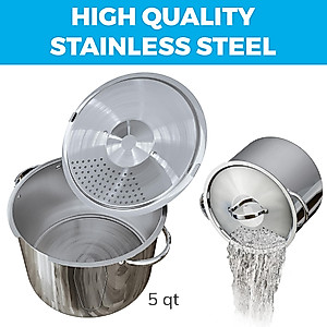 Stainless Steel Pasta Pot with Locking Strainer Lid - 5.5 Quart Large Capacity Cooking Pot | Twist & Lock for Easy Drain & No Colander Or Strainer Basket Insert Needed | Dishwasher Safe