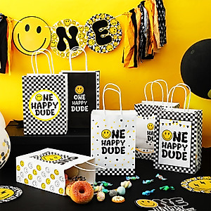 Yeaqee 24 Pcs One Happy Dude Party Favor Bags 1st Birthday Party Decoration Smile Face Paper Gift Bags One Happy Dude Goodie Treat Candy Bag for One Happy Dude Birthday Party Supplies(Handles Style)