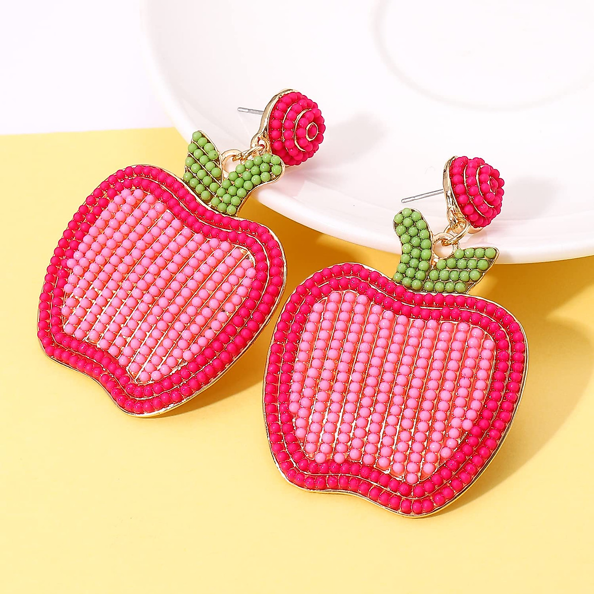 Teacher Earrings Beaded Pencil drop Dangle Earrings for Teacher Student Women Girls, Handmade Beaded Colorful Apple Earrings Dangling, Hypoallergenic Teacher Pencil Studs Funny Back to School