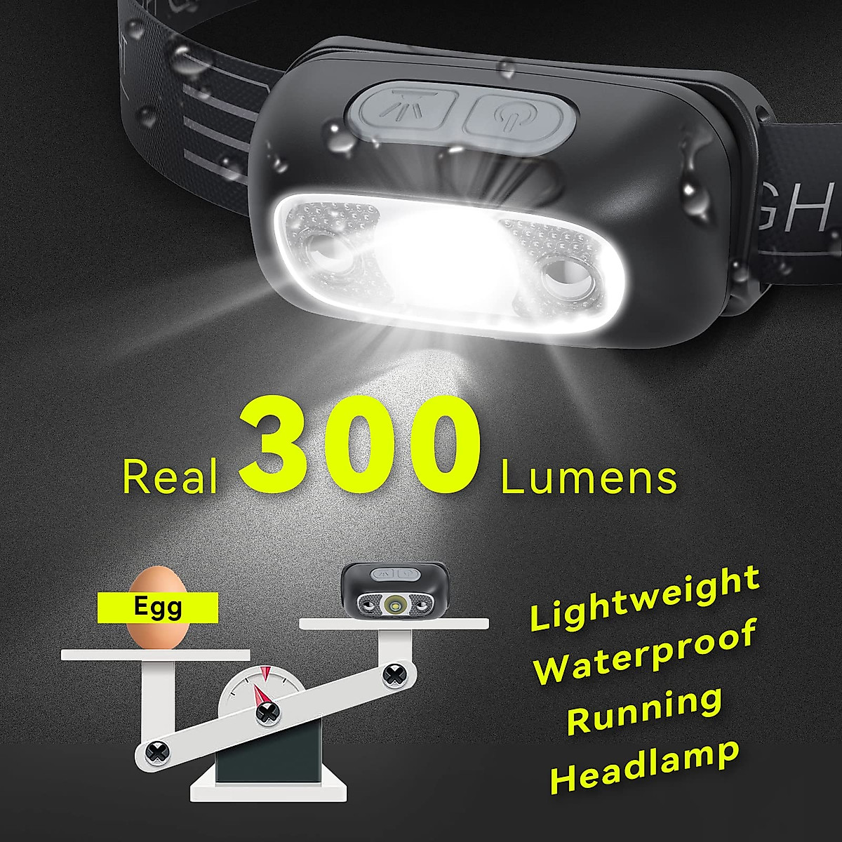 Rechargeable Headlamp for Adults with 300 Lumens USB Head Lamp with Lightweight Design(0.08 LB), IPX4 LED Sensor Headlamps for Running Camping Reading with Long Run Time (Black & White) - 2 Pack