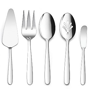Heavy Duty Serving Utensils, E-far 5-Piece Stainless Steel Serving Spoons, Slotted Serving Spoon, Serving Fork, Butter Spreader, Pie Server for Party Buffet Catering, Mirror Finish & Dishwasher Safe