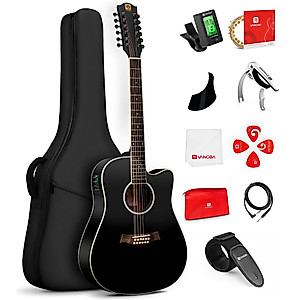 Vangoa 12 String Guitar Acoustic Electric, Upgraded Guitar 12 Strings Bundle for Beginner Intermediate Adults Teens, Guitarra de 12 Cuerdas, Spruce Top Bone Nut, Black, Matte