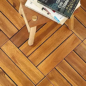 Interlocking Acacia Hardwood Deck Tile (Pack of 10, 12"x12") - Patio Tile With Solid Wooden Oiled Finish, Waterproof All Weather (12x12x0.85 Inch, 4 Slat on Each)