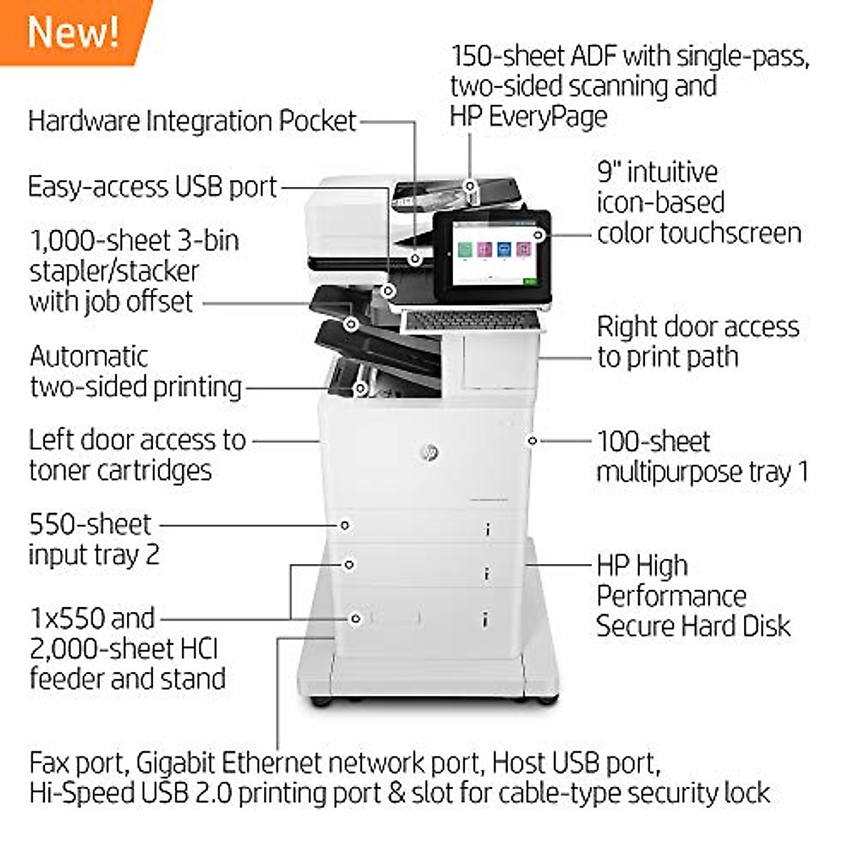 HP LaserJet Enterprise Flow MFP M635z Monochrome All-in-One Printer with built-in Ethernet, 2-sided printing, high-capacity input feeder, wheeled stand & 3-bin stapler/stacker (7PS99A)
