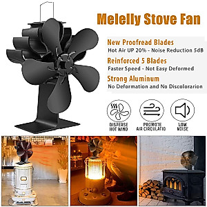 Melelly Fireplace Fan, Heat Powered Wood Stove Fan with 5-Blade for Wood/Log Burner/Fireplace Efficient Heat Distribution Fan