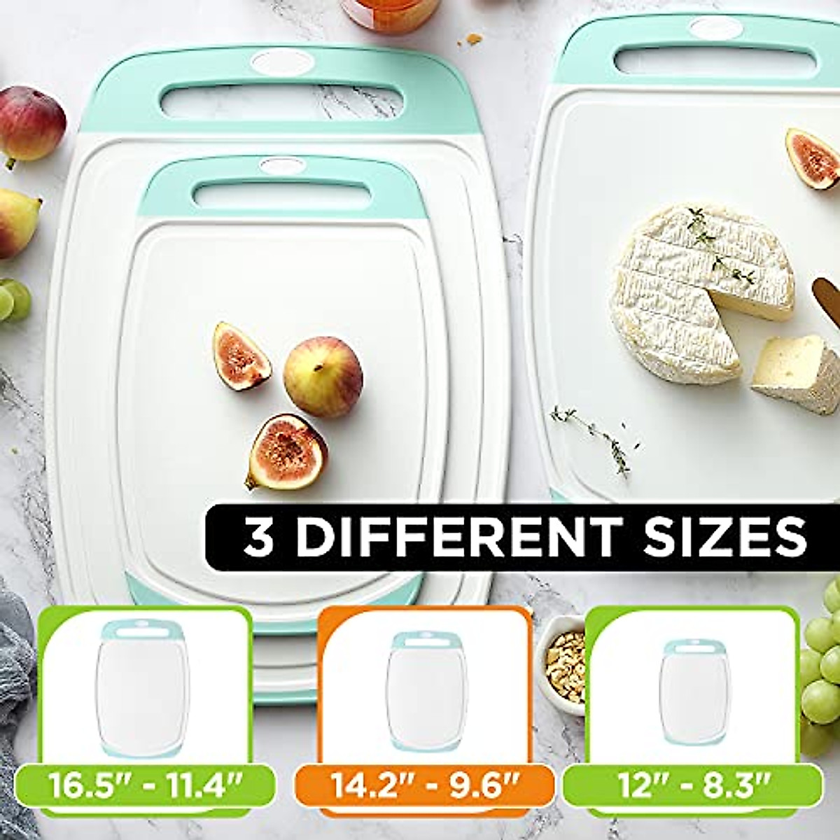 Spring Chef Professional Cutting Boards for Kitchen with Soft Grip, Deep Juice Grooves, Non-Porous Chopping Board, Dishwasher Safe, BPA Free, Set of 3, Mint