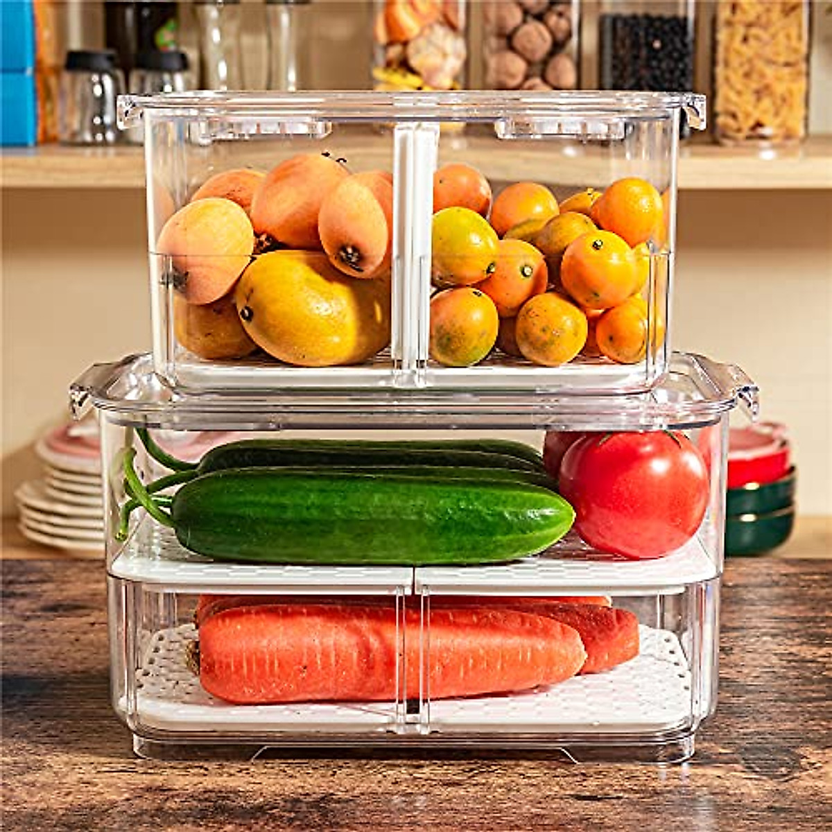 Slideep Food Storage Containers, Lettuce Keeper Stackable Fridge Produce Saver with Lids, Removable Drain Tray Drawers Refrigerator Produce Keeper for Veggie, Berry, Fruits, Vegetables -2 Pack