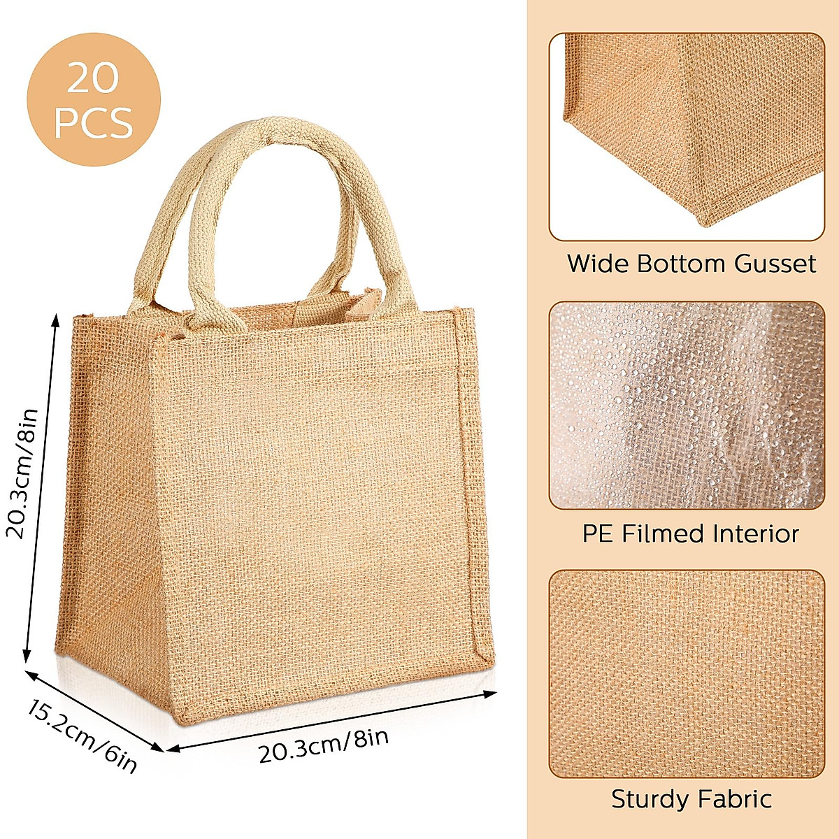 Silkfly 20 Pcs Mini Burlap Jute Tote Bags with Handle Small Blank Reusable Market Grocery Bags for Teacher Bridesmaids Wedding Gift Shopping DIY Craft Travel Beach Thanksgiving Christmas, 8 x 8 x 6 in