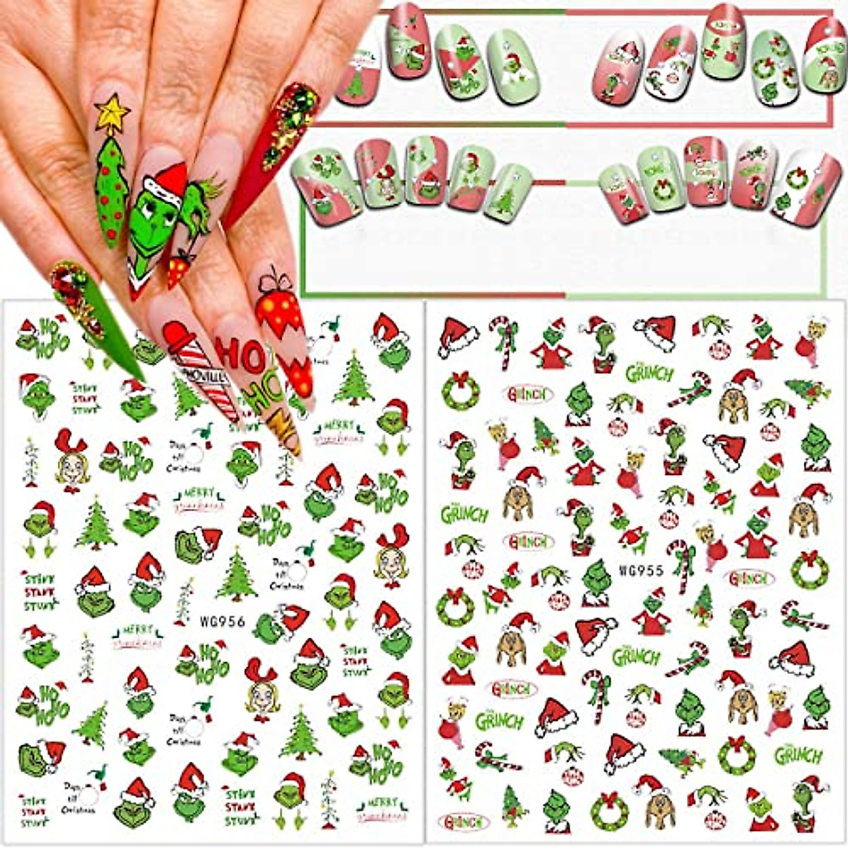 10 Sheets Christmas Nail Art Stickers 3D Nail Art Decals Green Monster Cartoon Nail Decals Self-Adhesive Design Nail Art Supplies Holiday Nail Stickers Winter Christmas Party Nail Decoration for Women