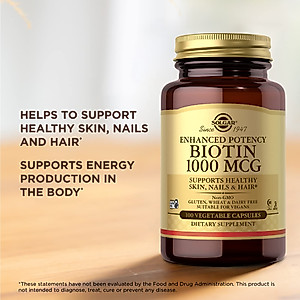 Solgar Biotin 1000 mcg - 100 Vegetable Capsules - Supports Healthy Skin, Nails & Hair - Non-GMO, Vegan, Gluten Free, Dairy Free, Kosher, Halal - 100 Servings