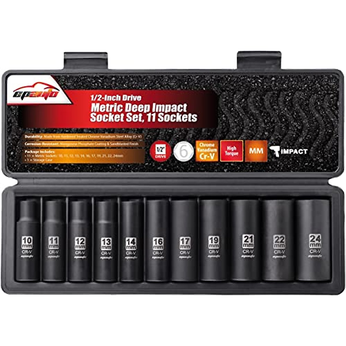 EPAuto 1/2-Inch Drive Metric Deep Impact Socket Set, Cr-V, 6 Points, 11 Sockets