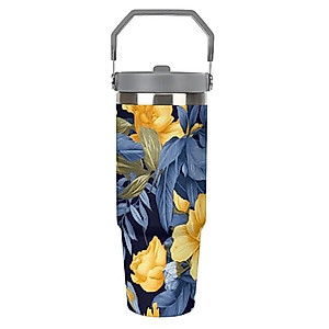 30oz Stainless Steel Insulated Tumbler with Flip Lid & Straw, Leakproof Travel Mug for Car, Blue Base Yellow Floral Double Wall Vacuum Thermal Coffee Cup with Handle, Spill-Proof Design for Hot/Cold D