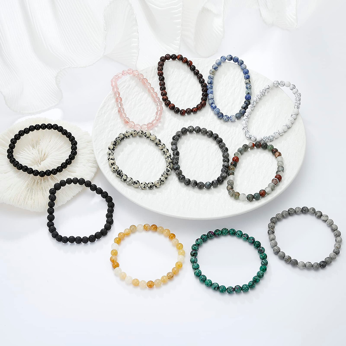 EACHAR 12Pcs 6MM/8MM Round Natural Stone Bracelets Beads Healing Crystals Quartz Y2K Stretch Bracelets for Women Men Girls Gifts Unisex (BE000002-1) (6MM)