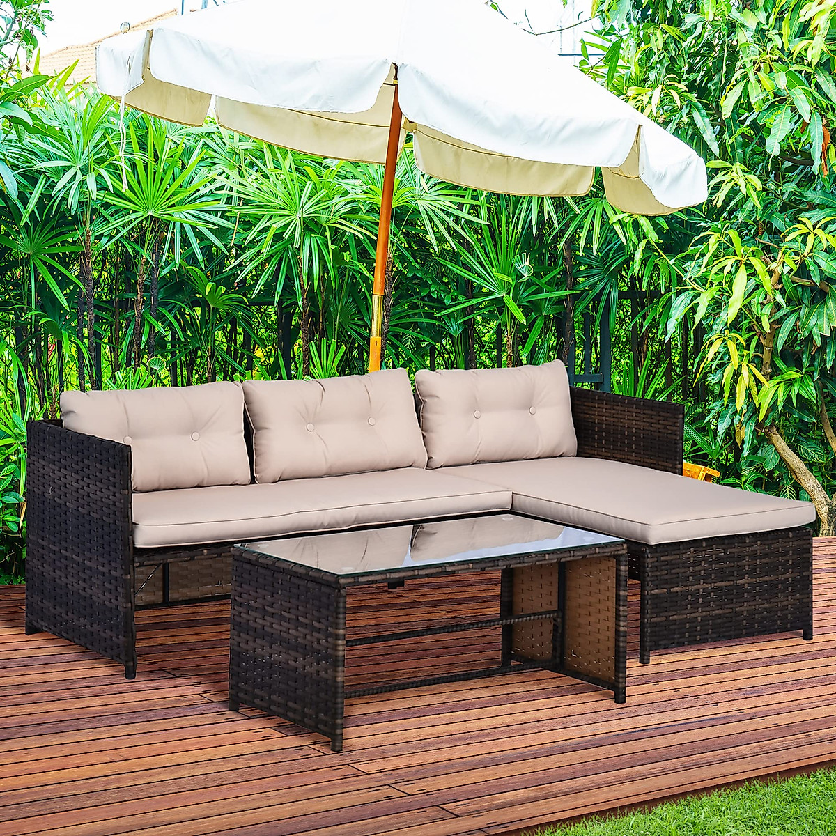 Outsunny 3 Piece Patio Furniture Set, Rattan Outdoor Sofa Set with Chaise Lounge & Loveseat, Soft Cushions, Tempered Glass Table, L-Shaped Sectional Couch, Beige