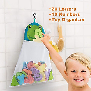 Bath Toys Organizer + 36 Soft Foam ABC 123 Letters & Numbers Bathroom Alphabet Baby Toys for Early Learning Foam Letters and Quick Dry Storage Net Bag