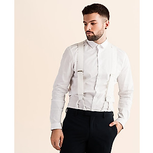 White Suspenders Genuine Leather Clip Suspenders (Button/Clip-on Wide)