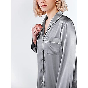 SIORO Womens Silk Pajamas Soft Long Satin Sleepwear Ladies Pajama Sets Button Down Loungewear Pyjamas Suit, Grey, L