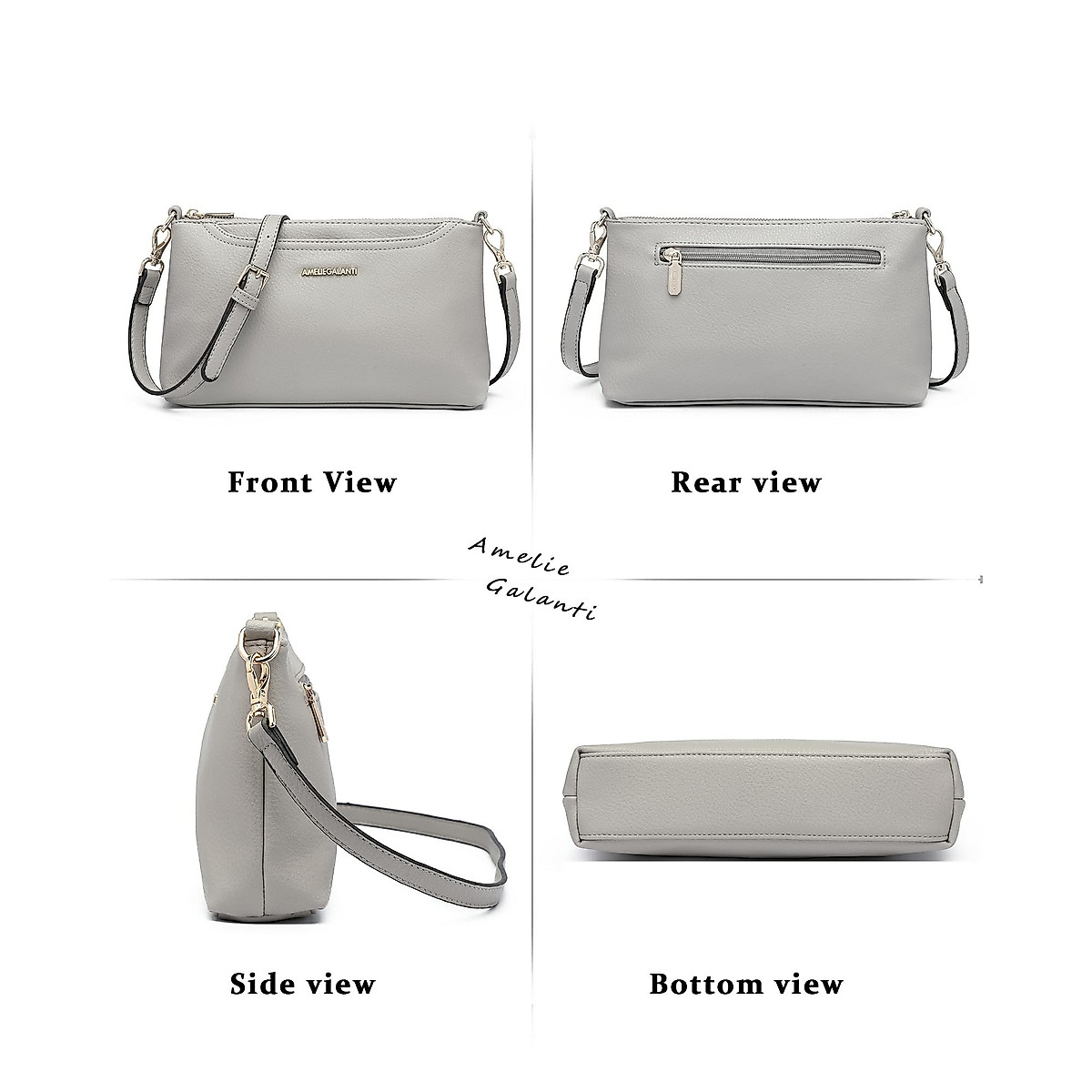AMELIE GALANTI Small Medium Size Crossbody Bag purse for Women,leather Shoulder handbag with Adjustable Strap (GREY)