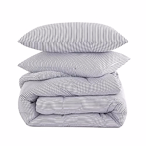 Wake In Cloud - Striped Comforter Set, 100% Cotton Fabric, Ticking Stripe Vertical Pinstripe Neutral Farmhouse Aesthetic, 3 Pieces Bedding Set, Gray, Queen Size