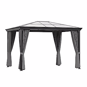 LATTOY 10x12ft Permanent Hardtop Gazebo, Outdoor Galvanized Steel Double Roof Pavilion Pergola Canopy with Aluminum Frame and Privacy Curtains for Garden Patio,Patio Backyard,Deck and Lawns