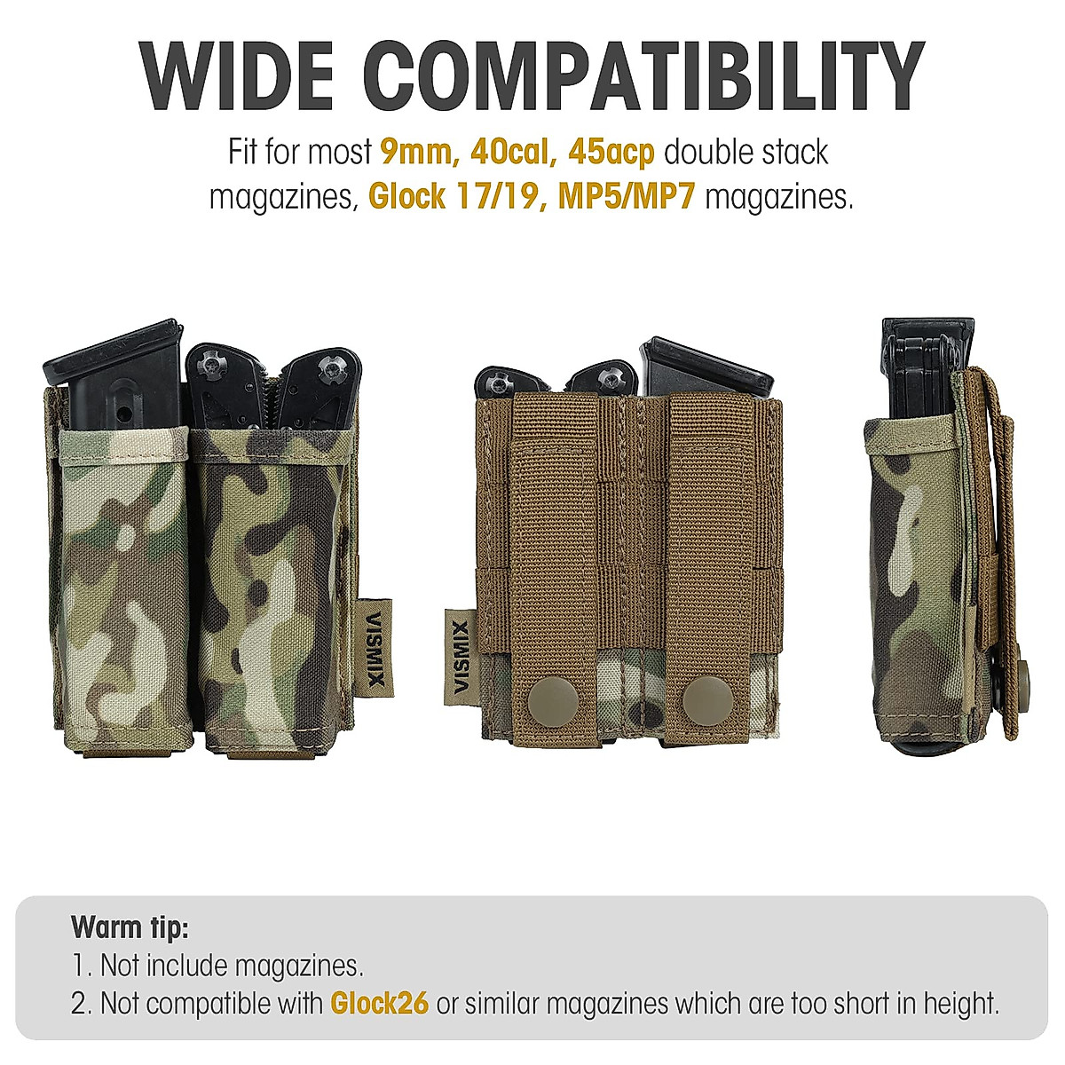 VISMIX Pistol Magazine Pouch, Double 9mm Mag Pouch with Quick Release Kydex Insert and MOLLE Compatible (Camo)