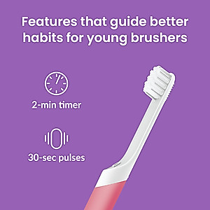 Quip Sonic Toothbrush for Kids - Timed Electric Toothbrush with Small Replaceable Brush Head - Soft Bristles, Rubber Handle, 3 Month Battery Life - Travel Toothbrush - Pink