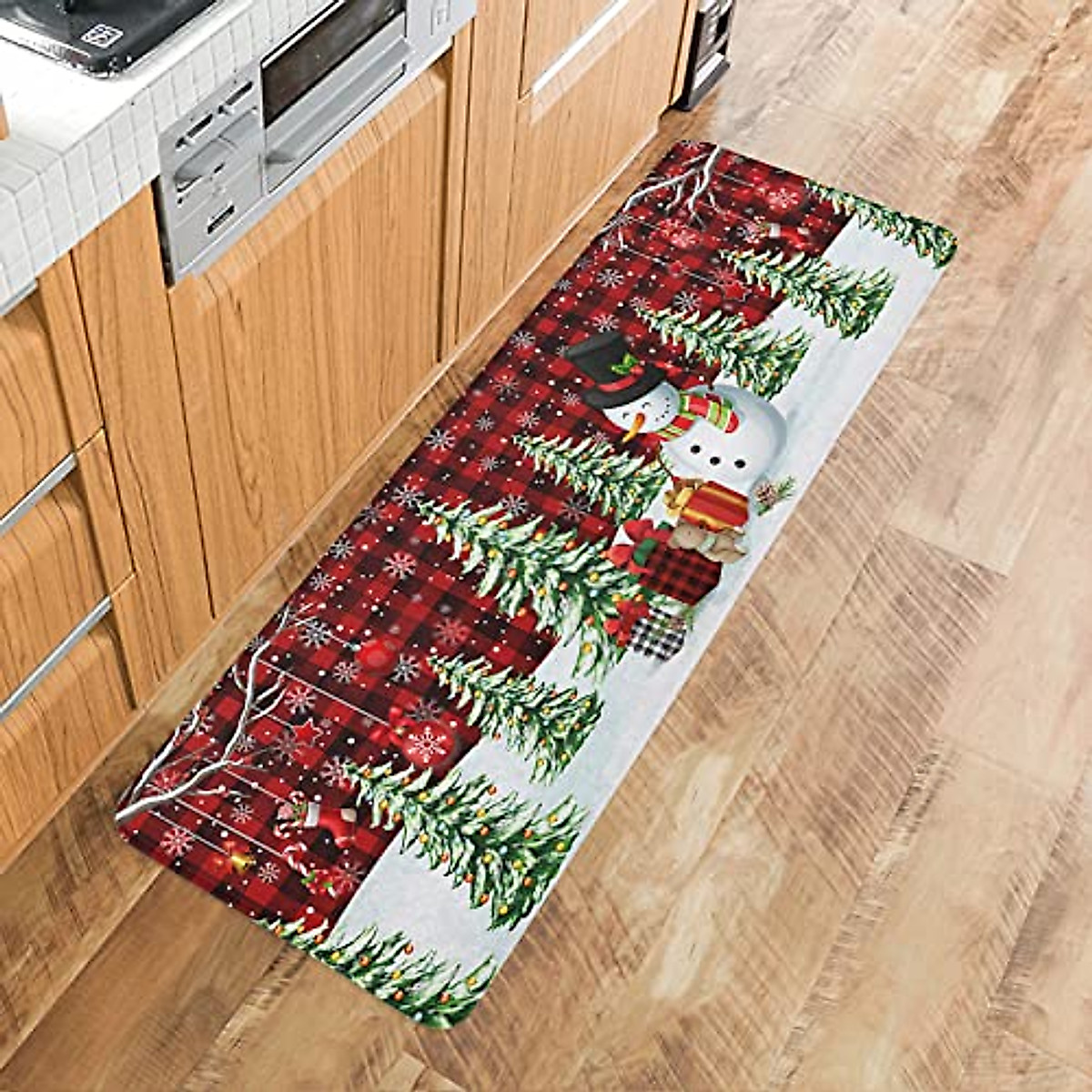 Libaoge Kitchen Mat Rug 1 PCS Christmas Snowman Xmas Tree Red Buffalo Plaid Runner Rug Anti-Fatigue Comfort Memory Foam Standing Mat Non-Slip Floor Door Mat for Bathroom Bedroom 18x59in