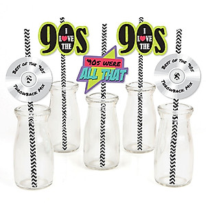 90's Throwback - Paper Straw Decor - 1990s Party Striped Decorative Straws - Set of 24