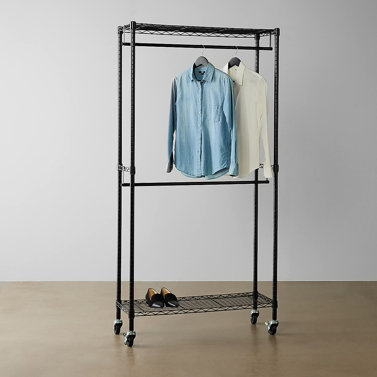 Amazon Basics Adjustable, Double Hanging Rod Garment Rolling Closet Organizer Rack - Black, 72 inches