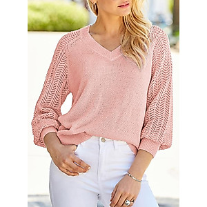 Dokotoo Plus Size Cute Sweaters for Women Fashion 2023 Winter Fall V Neck Sweater Long Sleeve Solid Hollow Out Plain Casual Loose Oversized Chunky Knit Pullover Sweaters Jumper Tops Pink X-Large