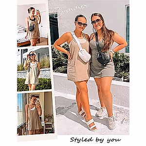 Yidarer Women's Summer Sleeveless Mini Dress V Neck Spaghetti Straps Athletic Shorts Dress with Pockets(Khaki-L)
