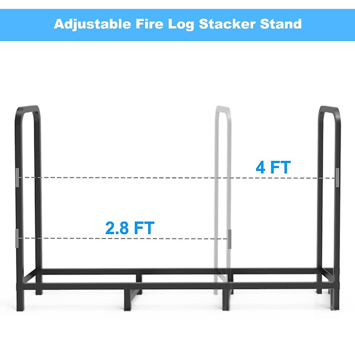 Tikimilor 4ft Firewood Rack Holder, Adjustable Heavy Duty Fire Log Stacker Stand for Fireplace, Outdoor Indoor Metal Wood Pile Storage Organizer, Patio Logs Stand tool, Black
